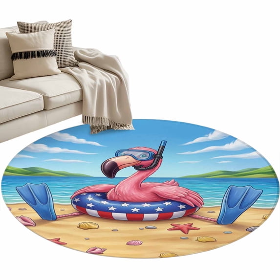 4th of July Flamingo Round Rug 3ft Washable Circle Entryway Rugs Non ...