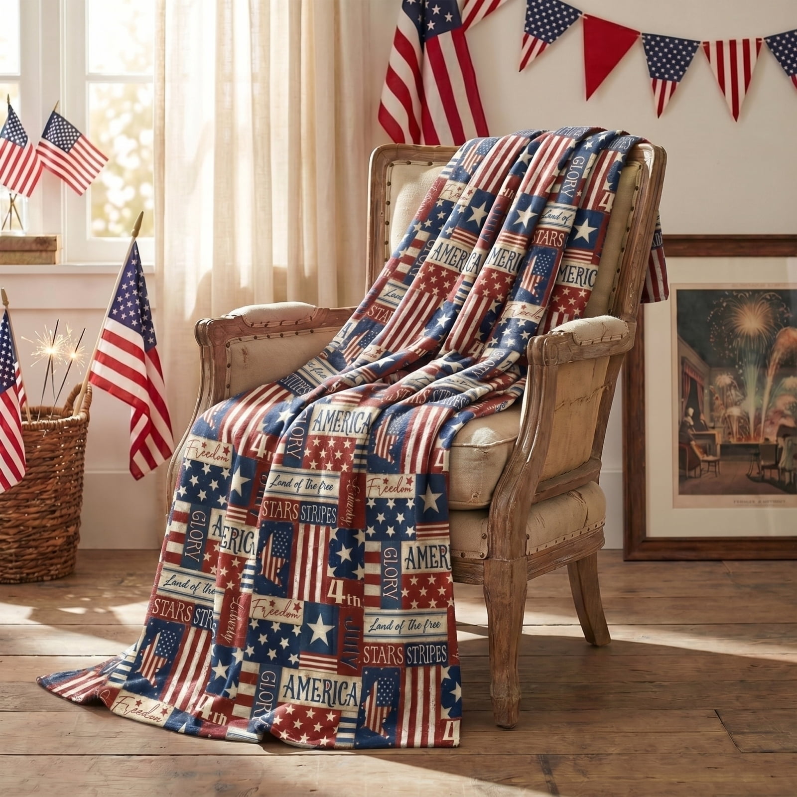 4th of July Flannel Blanket Throw, Patriotic Memorial Day Blue Red Star ...