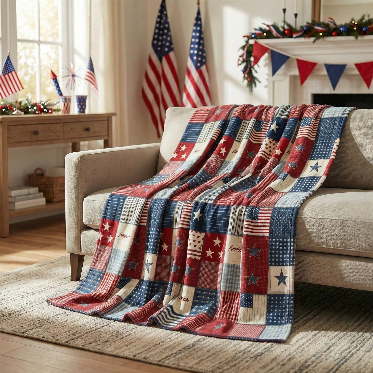 4th of July Flannel Blanket Throw, Patriotic Veterans Day American Flag ...