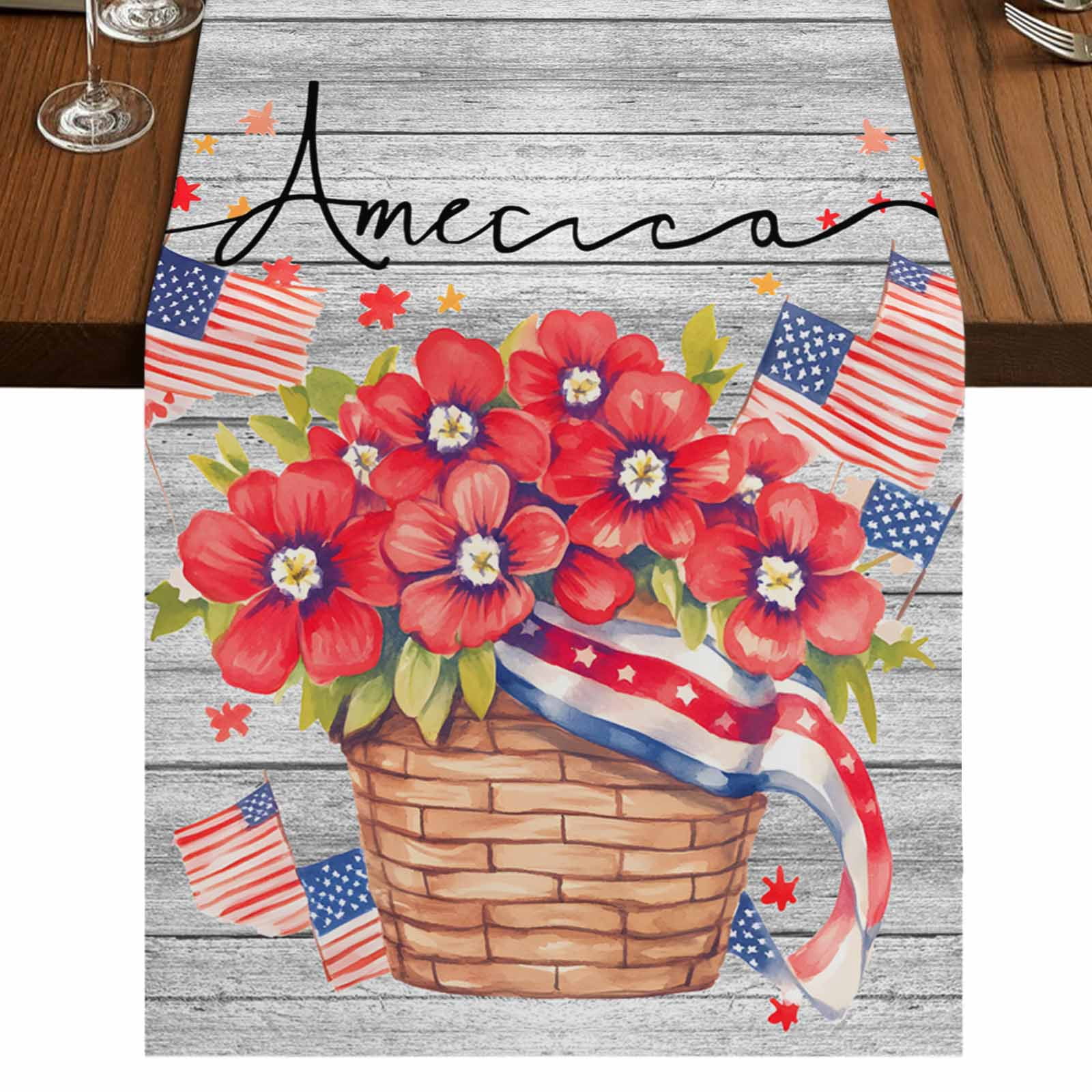4th of July Floral 90 Inch Table Runner, Patriotic Star Stripe Flag ...
