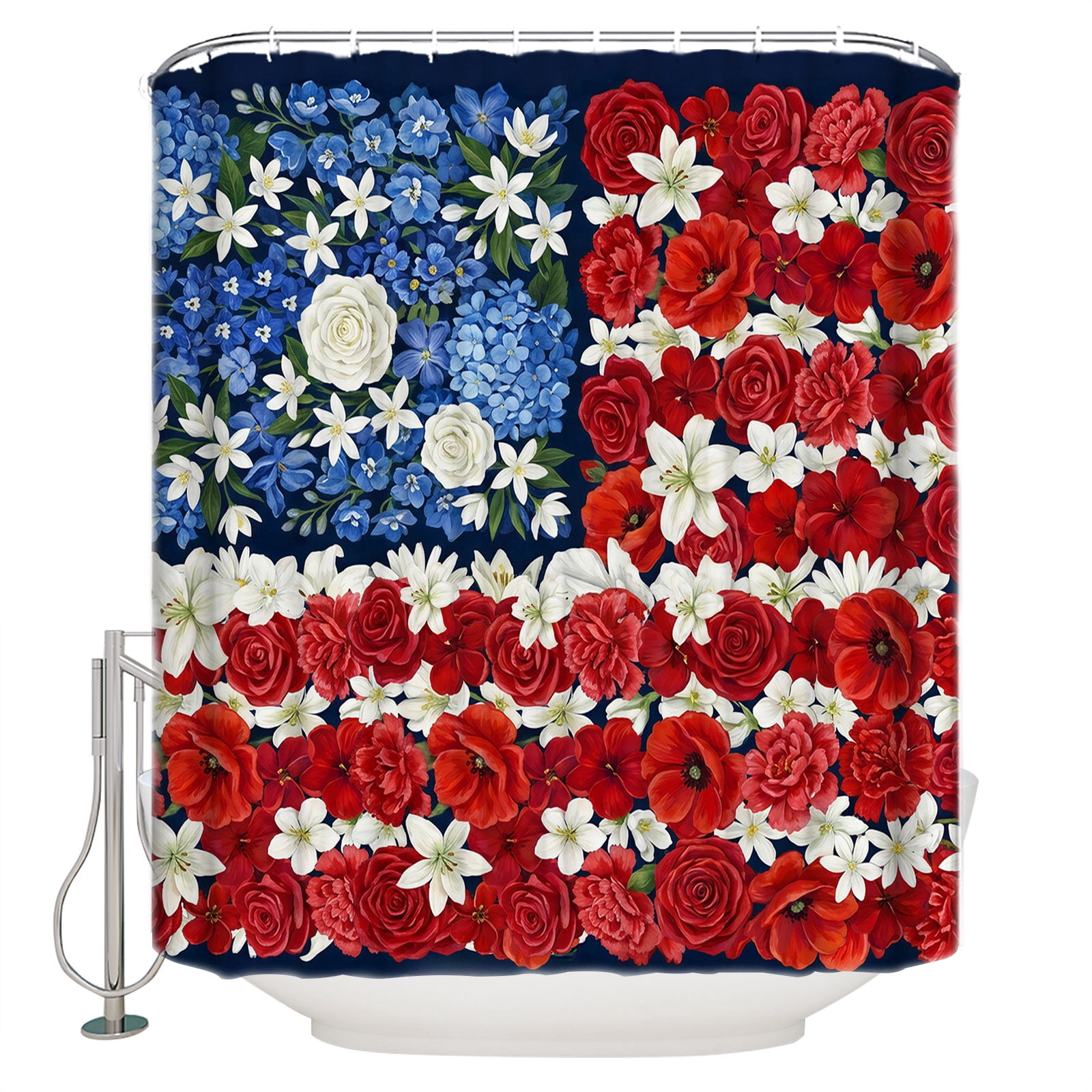 4th of July Floral Bathroom Shower Curtains with 12 Hooks Waterproof ...