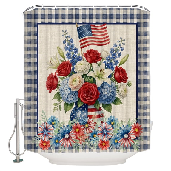 4th of July Floral Bathroom Shower Curtains with 12 Hooks Waterproof ...