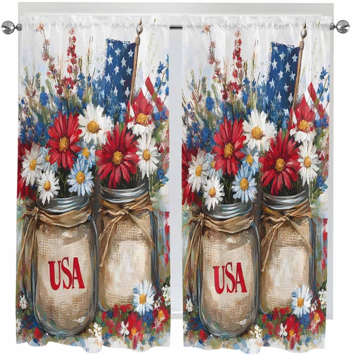 4th of July Floral Bedroom Curtains 63 Inches length, American Flag Red ...