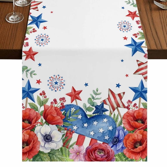 4th of July Floral Burlap Cotton Table Runner 13x70 Inches Long, Blue ...