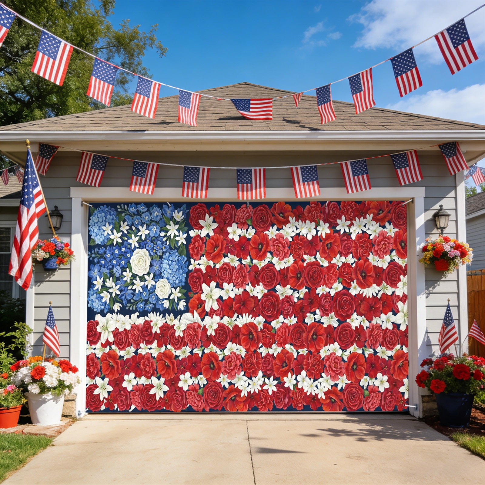 4th of July Floral Garage Door Cover,Country Blue Red Poppy American ...