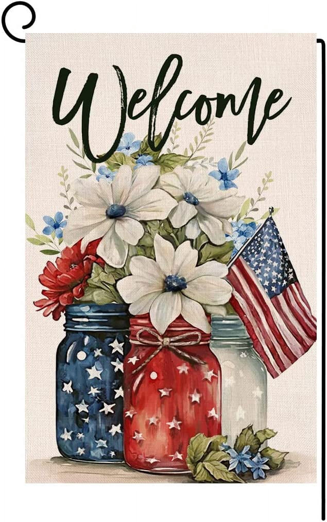 4th of July Floral Garden Flag 12x28 inch Vertical Double Sided ...