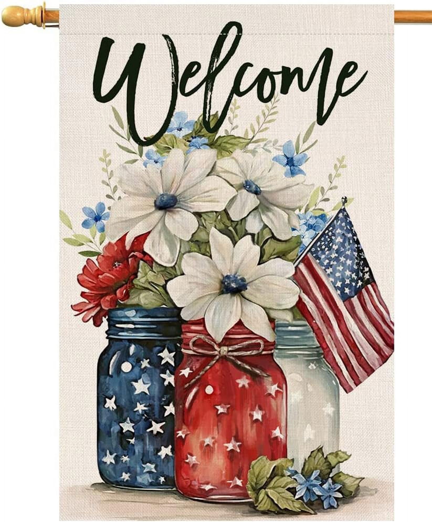 4th of July Floral House Flag 28 x 40 Vertical Double Sided Patriotic ...