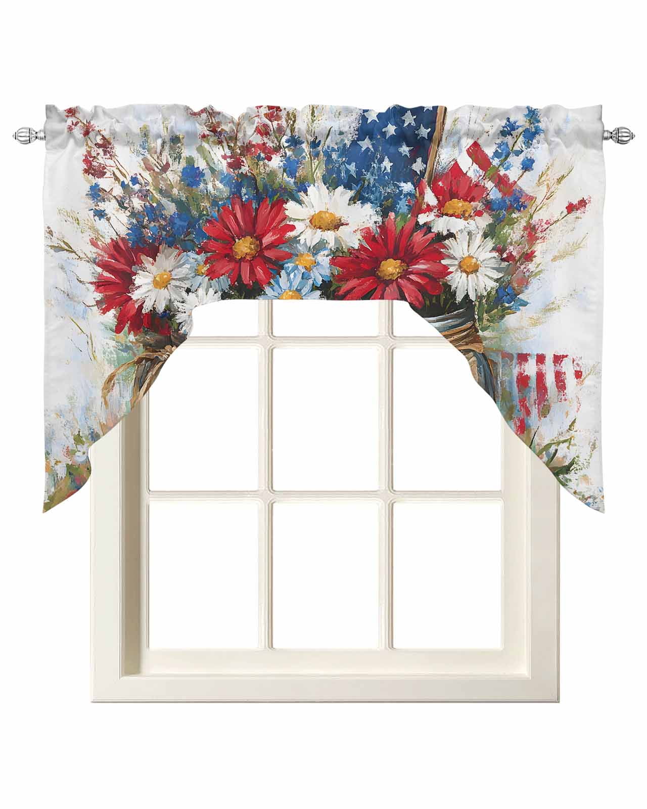 4th of July Floral Kitchen Swag Valances for Windows, American Flag Red ...