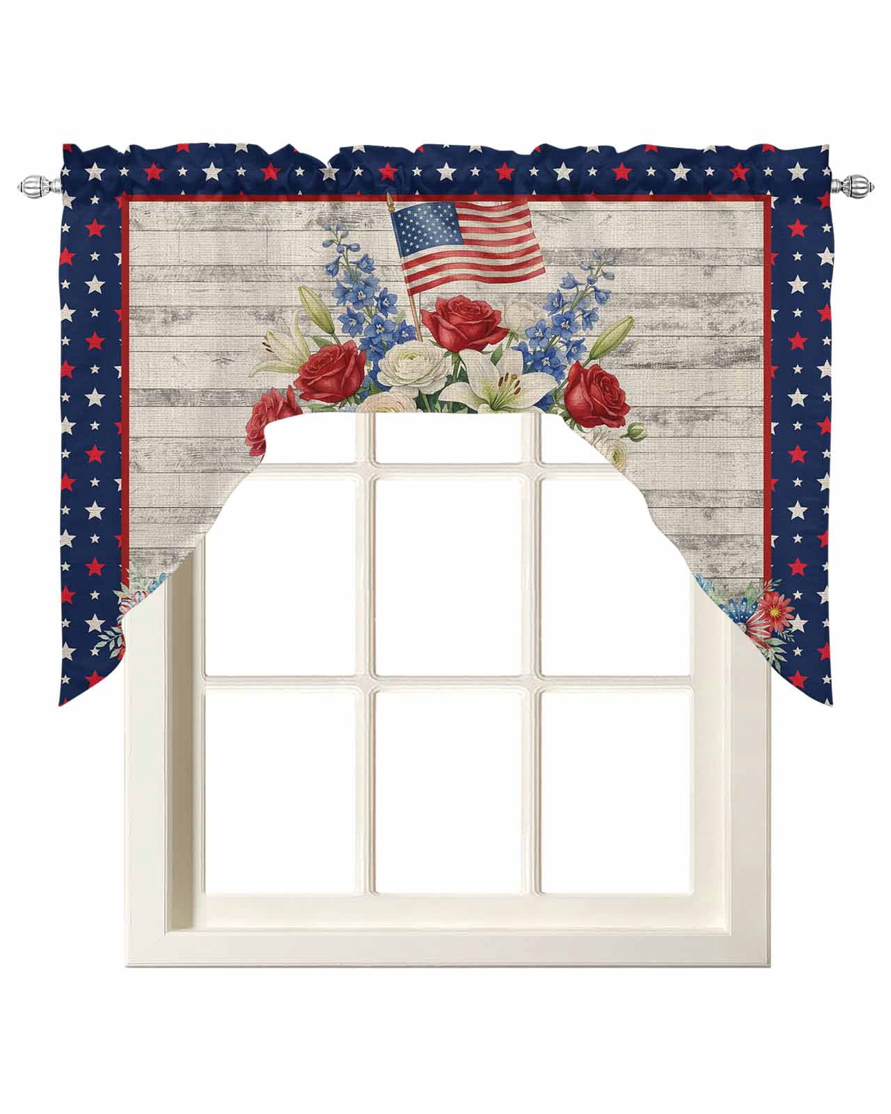 4th of July Floral Kitchen Swag Valances for Windows, USA Star Vintage ...