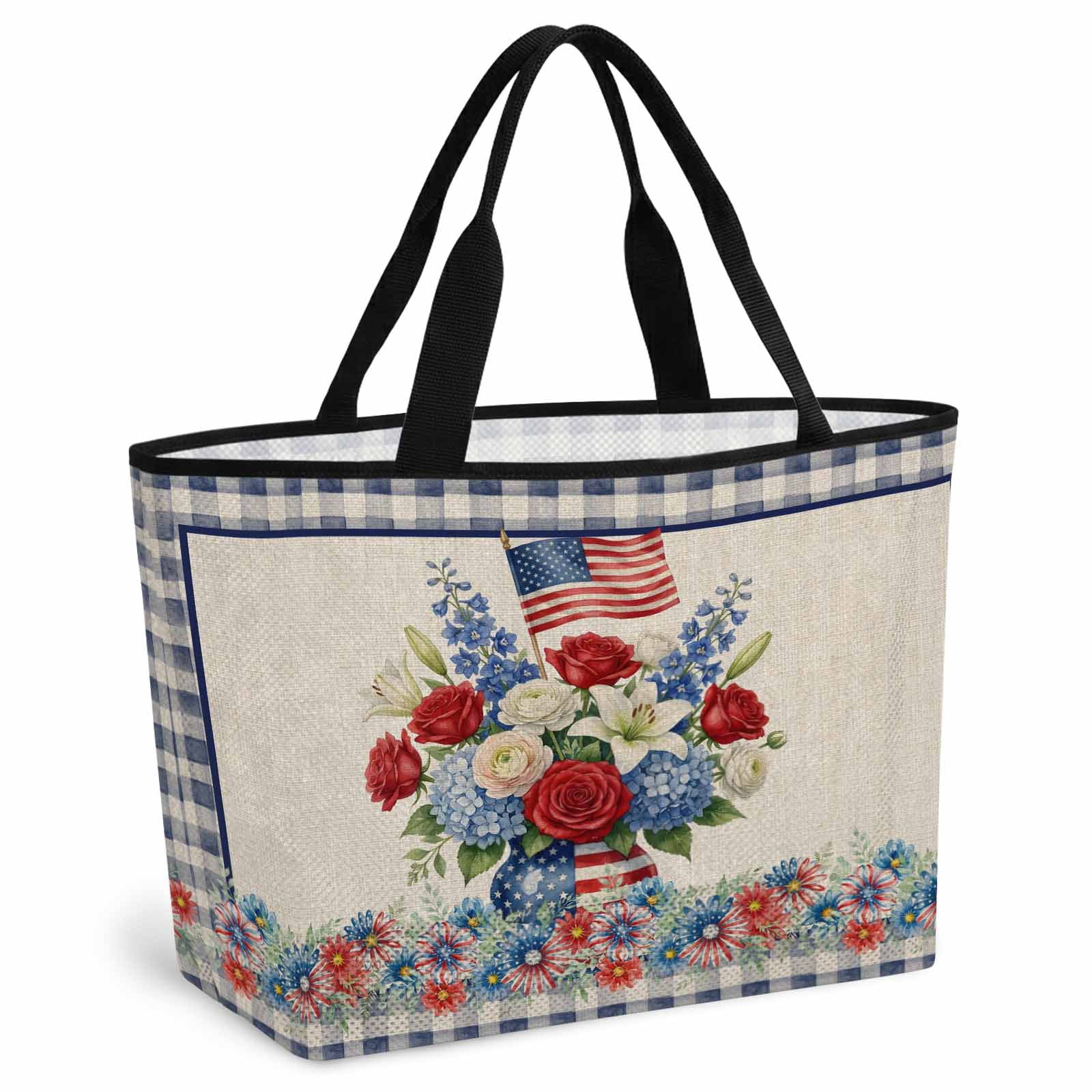 4th of July Floral Mesh Beach Bag for Women Men,Large Beach Tote ...