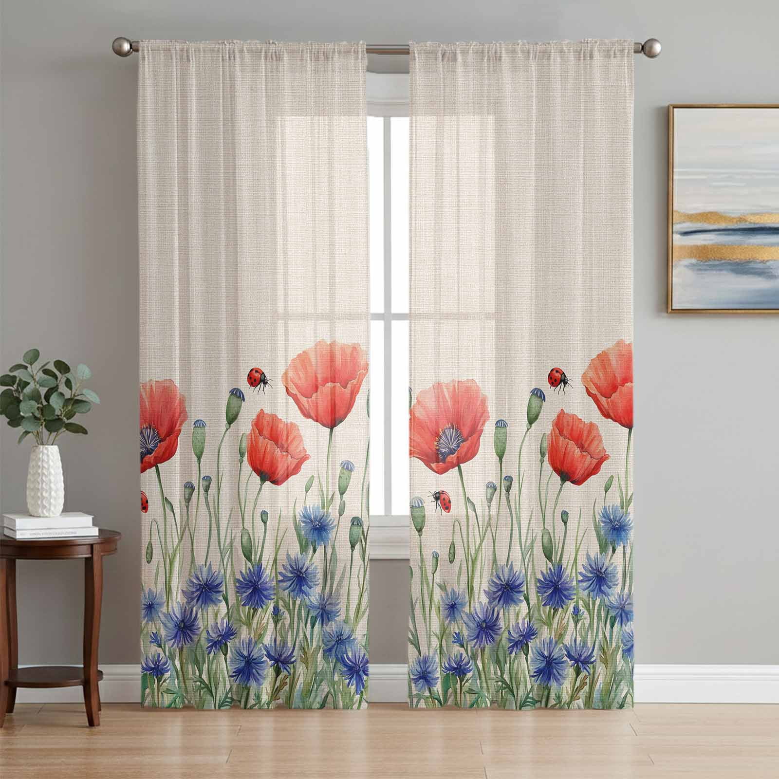 4th of July Floral Sheer Curtains 63 Inch Length 2 Panels Set ...