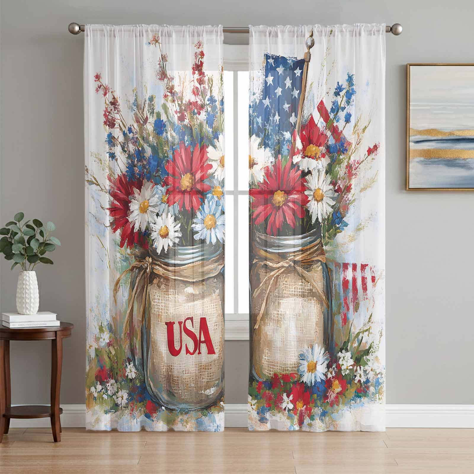 4th of July Floral Sheer Curtains 72 Inch Length 2 Panels Set, American ...