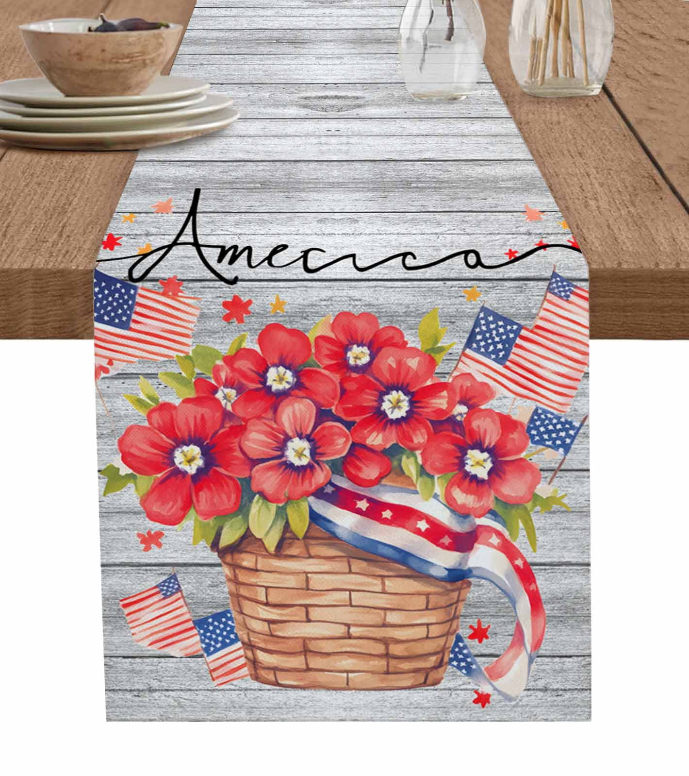 4th of July Floral Table Runner 70 Inches, Patriotic Star Stripe Flag ...