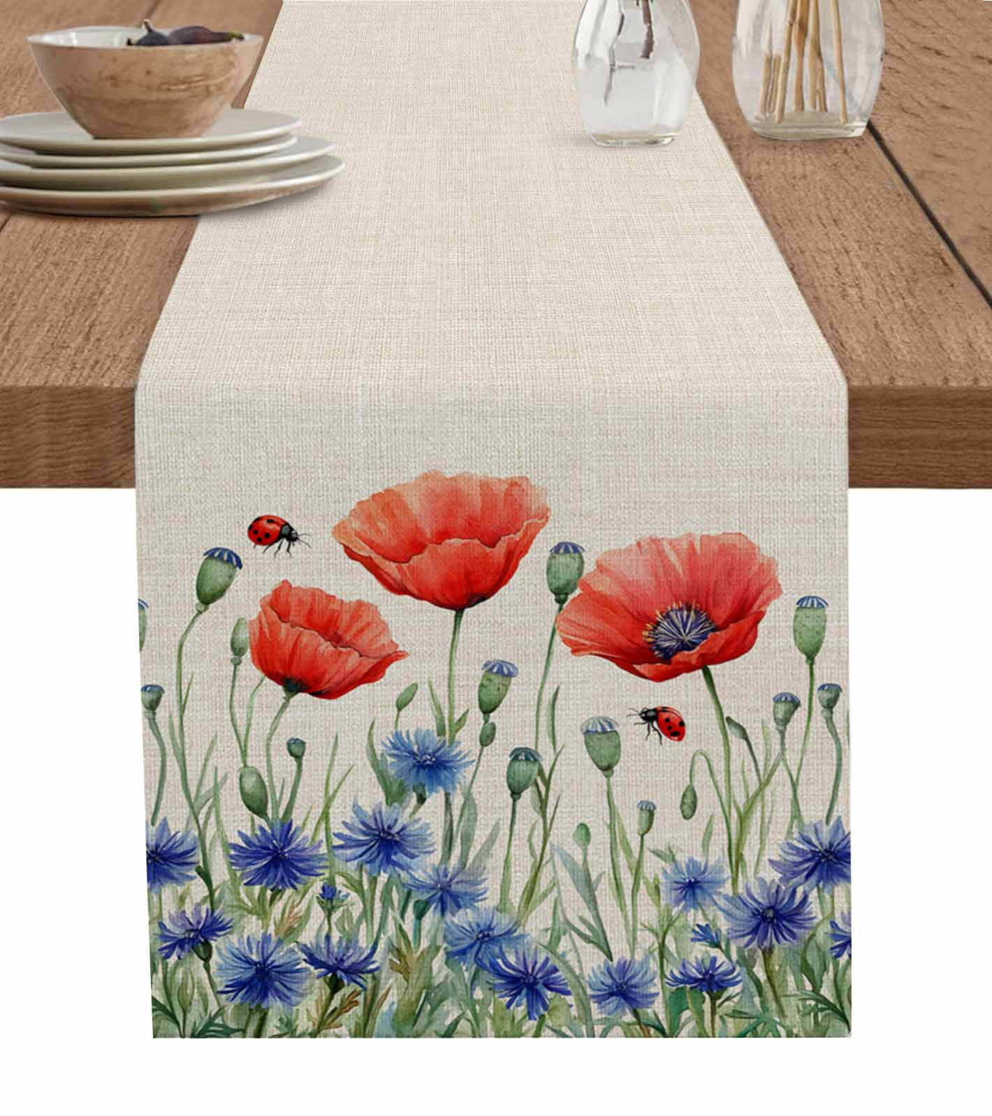 4th of July Floral Table Runner 72 Inches, Patriotic Poppy Flower Red ...