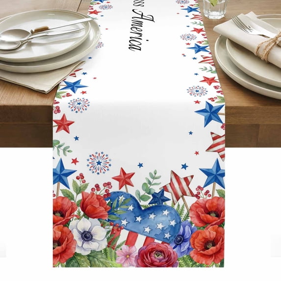 4th of July Floral Table Runner Blue Red Independence Day Stars ...