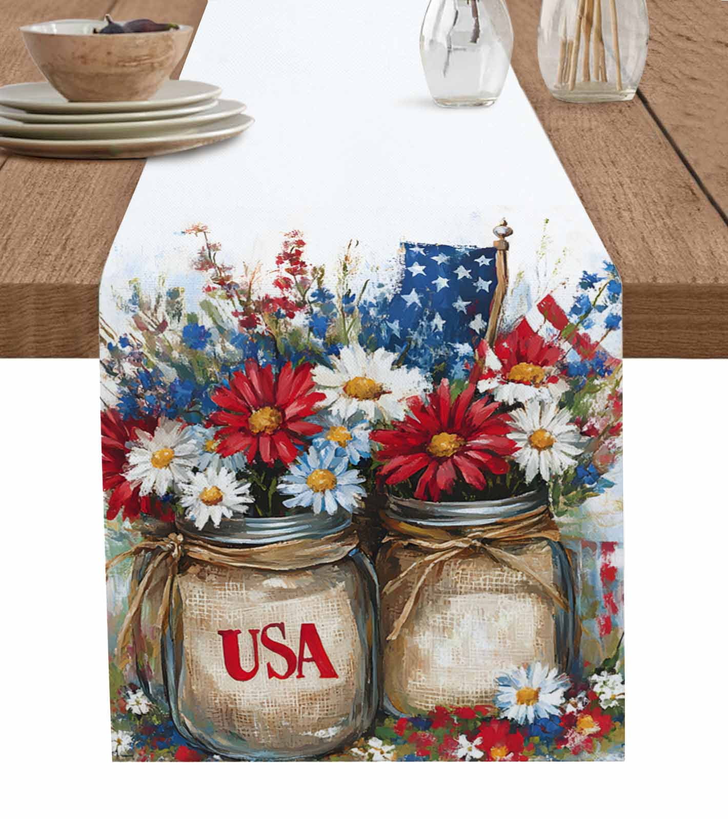 4th of July Floral Table Runner Cotton Linen 36 Inch Holiday Dresser ...