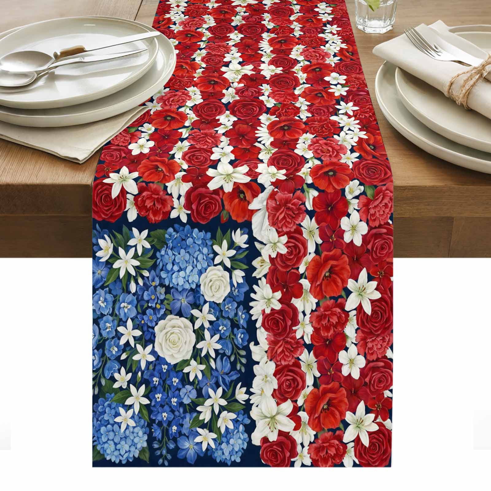 4th of July Floral Table Runner Country Blue Red Poppy American Flag ...