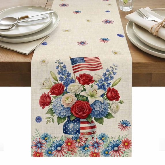 4th of July Floral Table Runner Vintage Red Blue Roses Patriotic ...