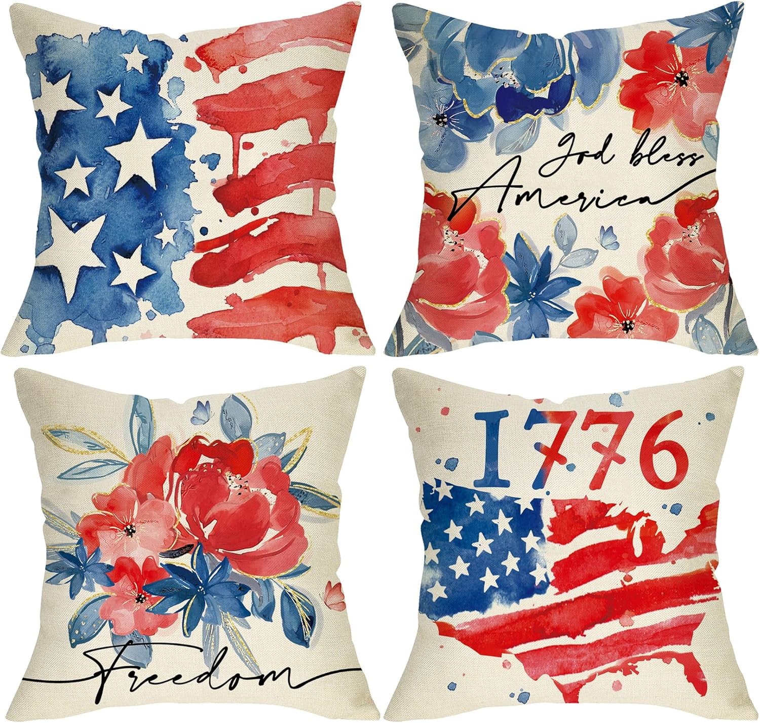 4th of July Flower Patriotic Decorative Throw Pillow Covers 20 x 20 Set ...