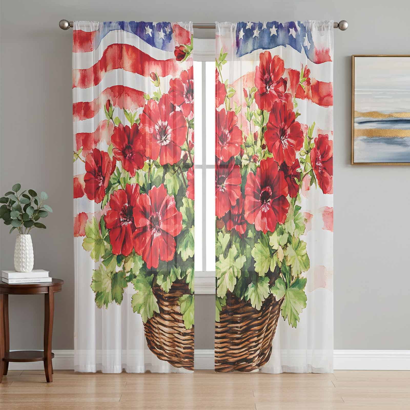 4th of July Flower Sheer Curtains 63 Inch Length 2 Panels Set, Vintage ...