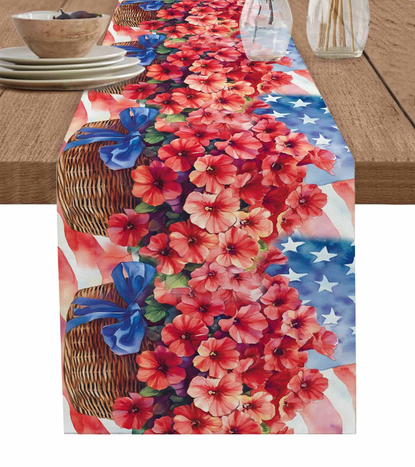 4th of July Flower Table Runner 108 Inches, Poppy Patriotic Red Blue ...