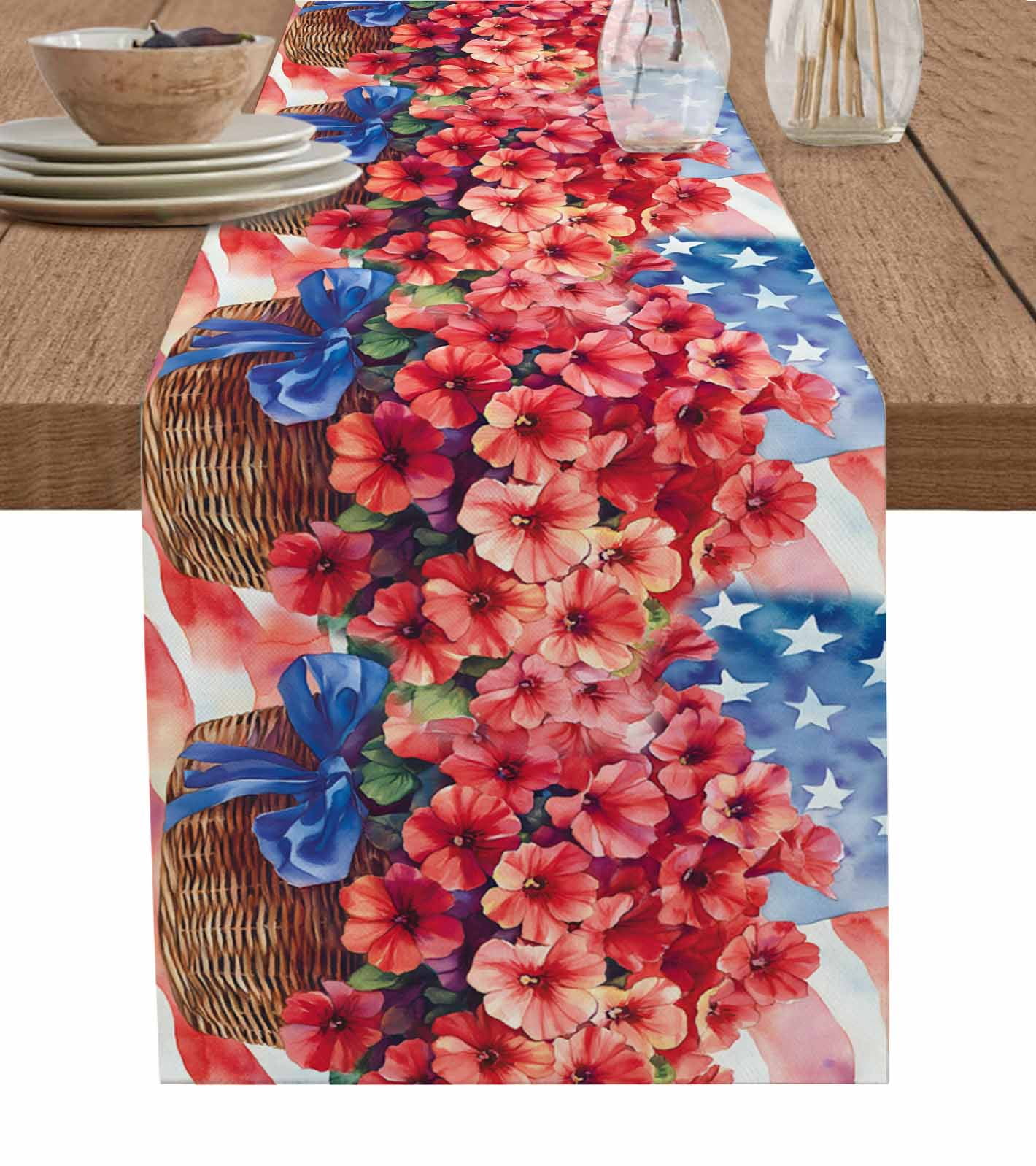 4th of July Flower Table Runner 120 Inches, Poppy Patriotic Red Blue ...
