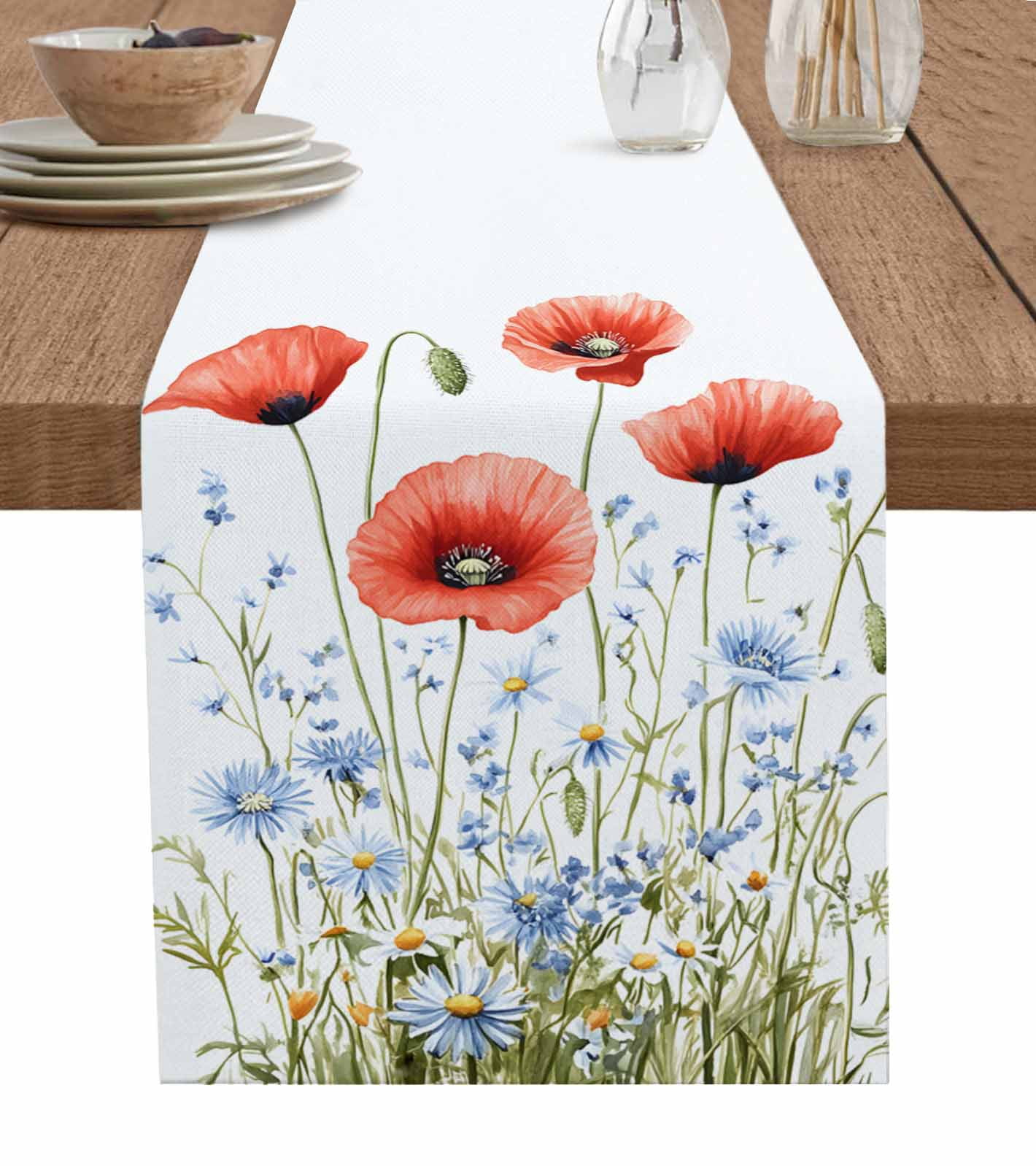 4th of July Flower Table Runner 72 Inches, Patriotic Red Blue Poppy ...