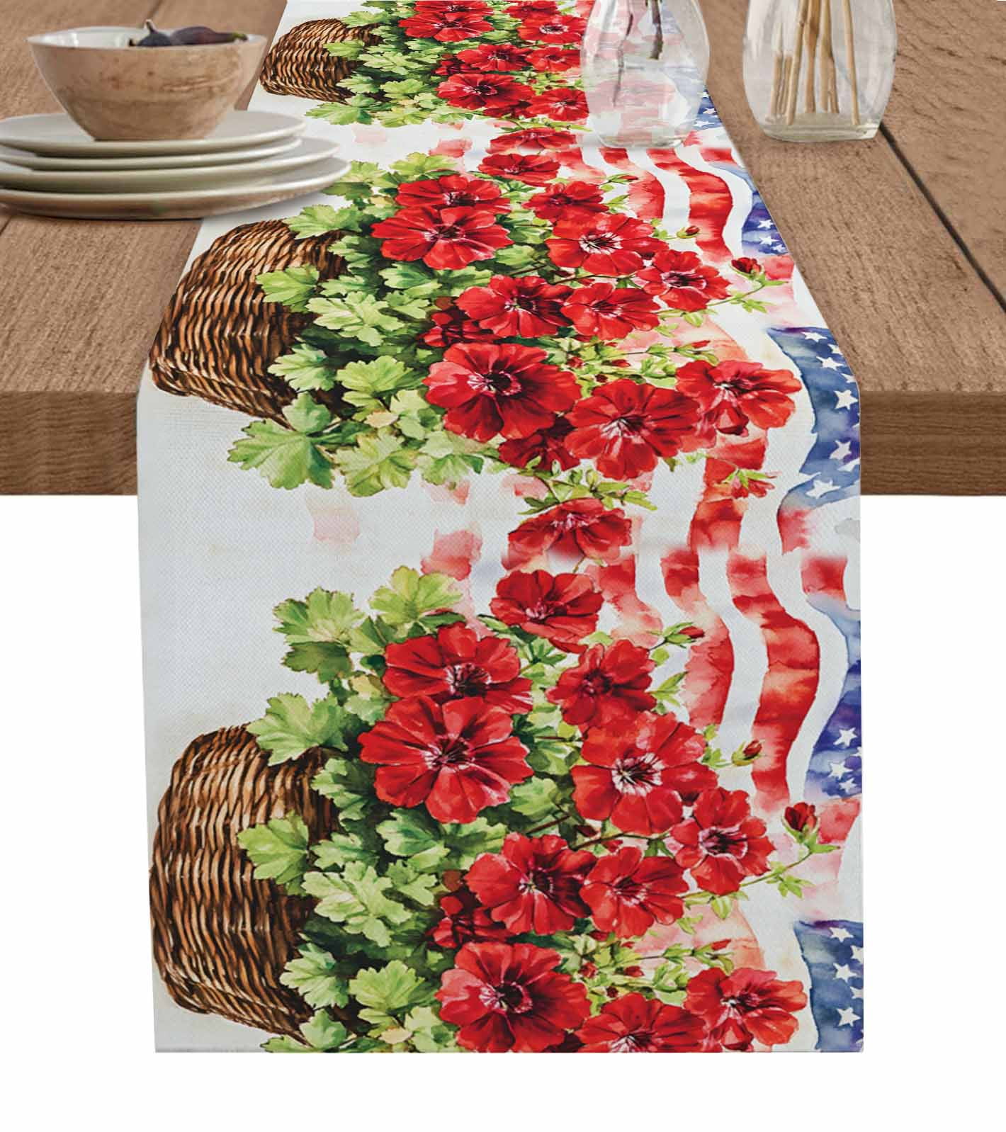 4th of July Flower Table Runner 72 Inches, Vintage Red Stripe Flag ...