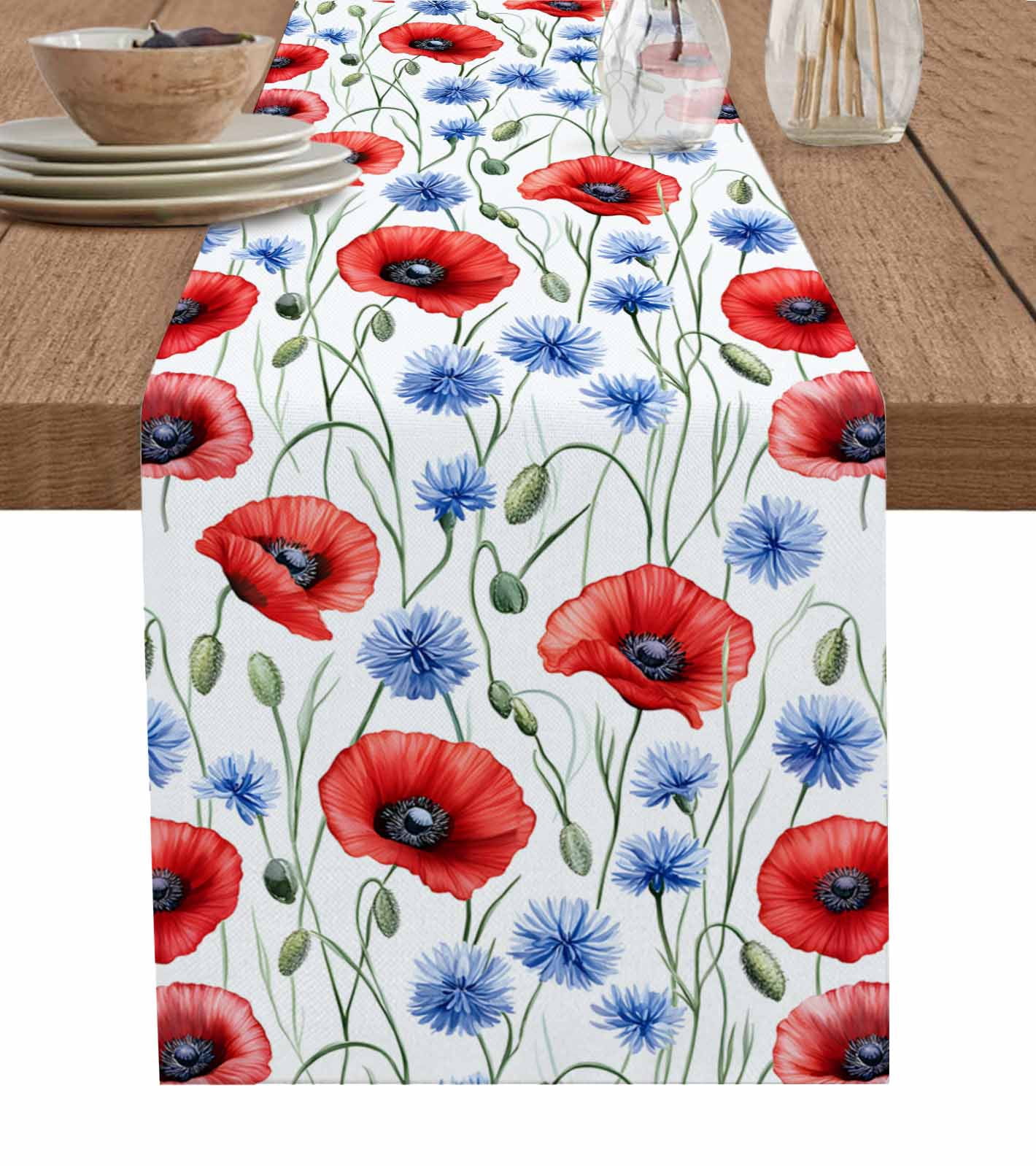 4th of July Flower Table Runner 90 Inches, Patriotic Red Blue Poppy ...