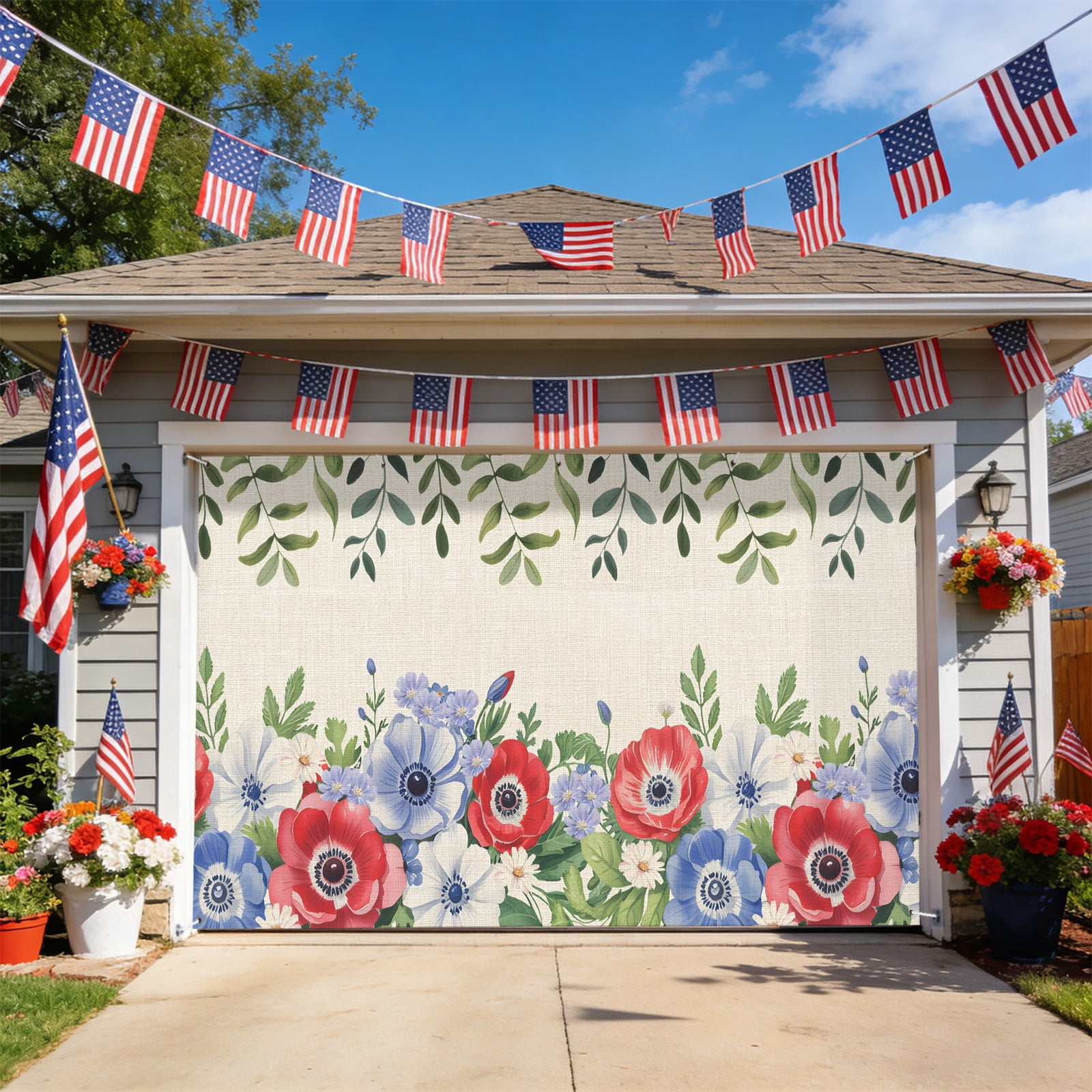 4th of July Garage Door Cover 7 x 16 ft Patriotic Flowers Independence ...
