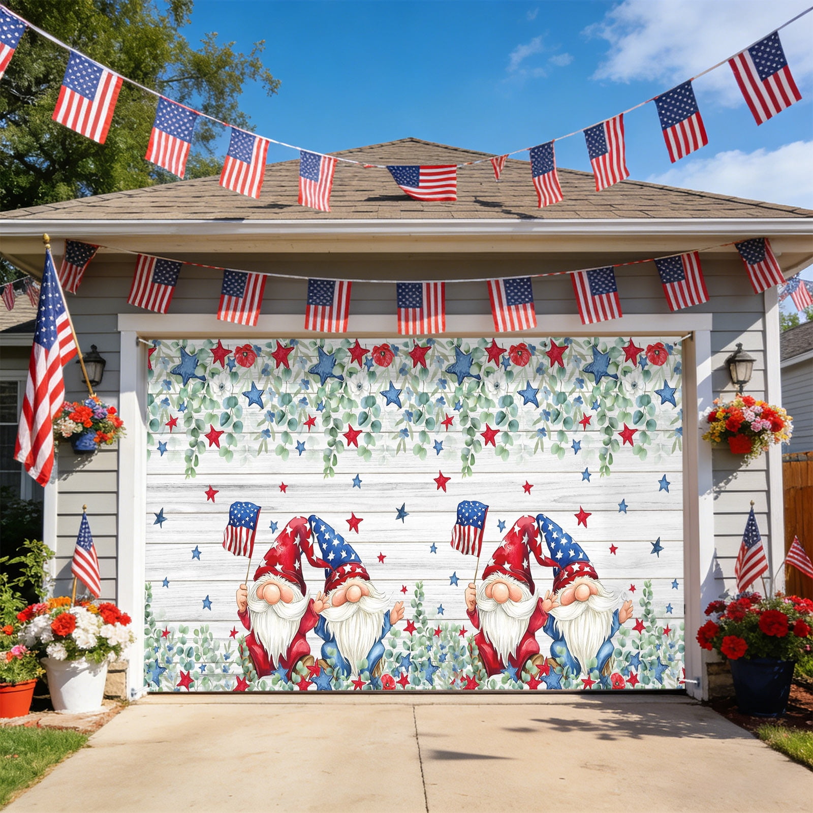 4th of July Garage Door Cover 7 x 8 ft Gnome with American Flag Wood ...