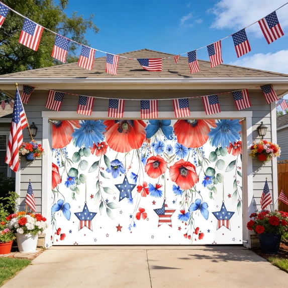 4th of July Garage Door Cover 7 x 8 ft Patriotic Floral Star ...