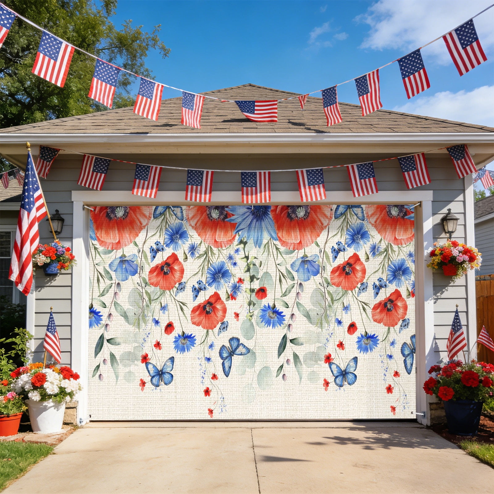 4th of July Garage Door Cover 7 x 8 ft Patriotic Flower Independence ...