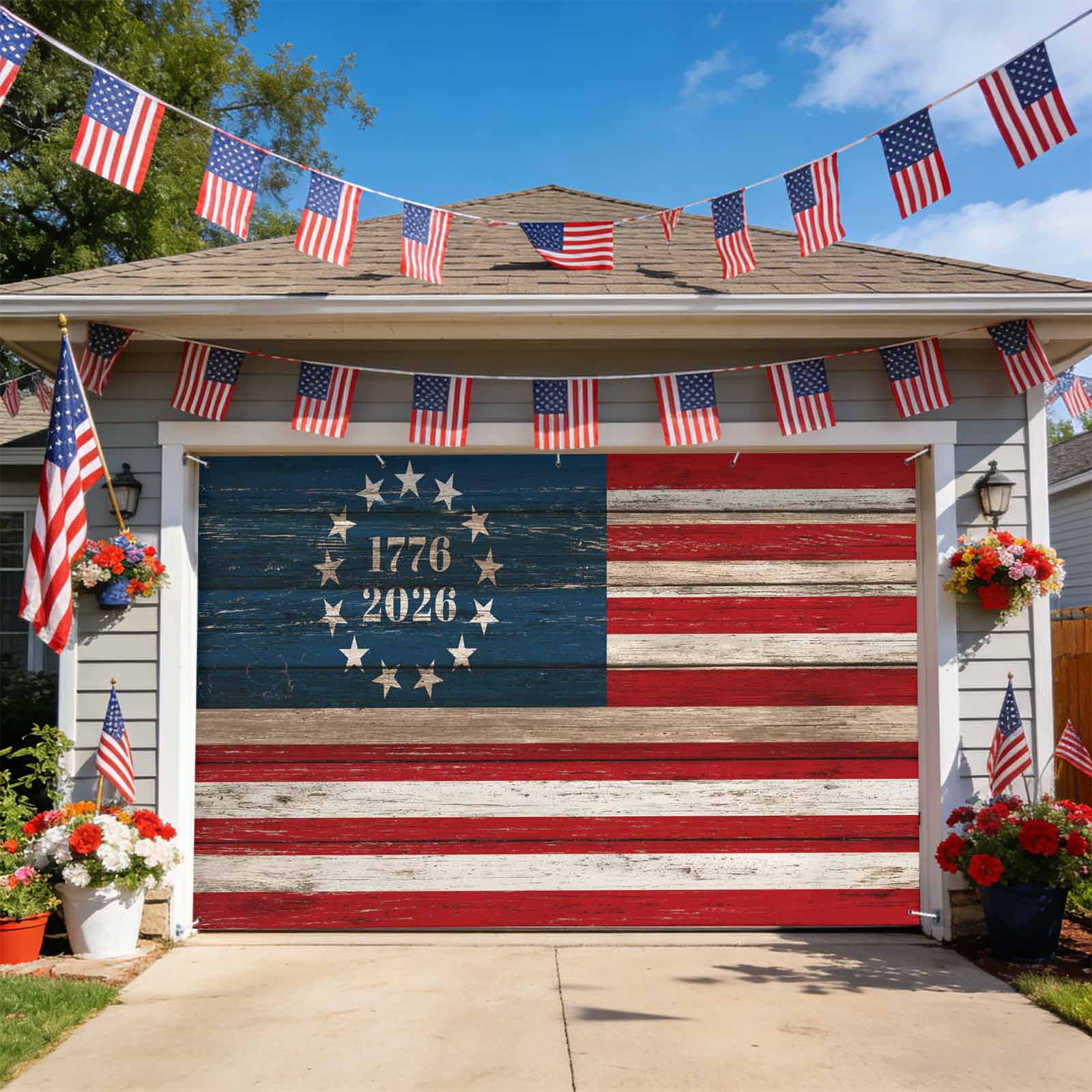 4th of July Garage Door Cover 7 x 8 ft Retro America Flags 1776-2026 ...