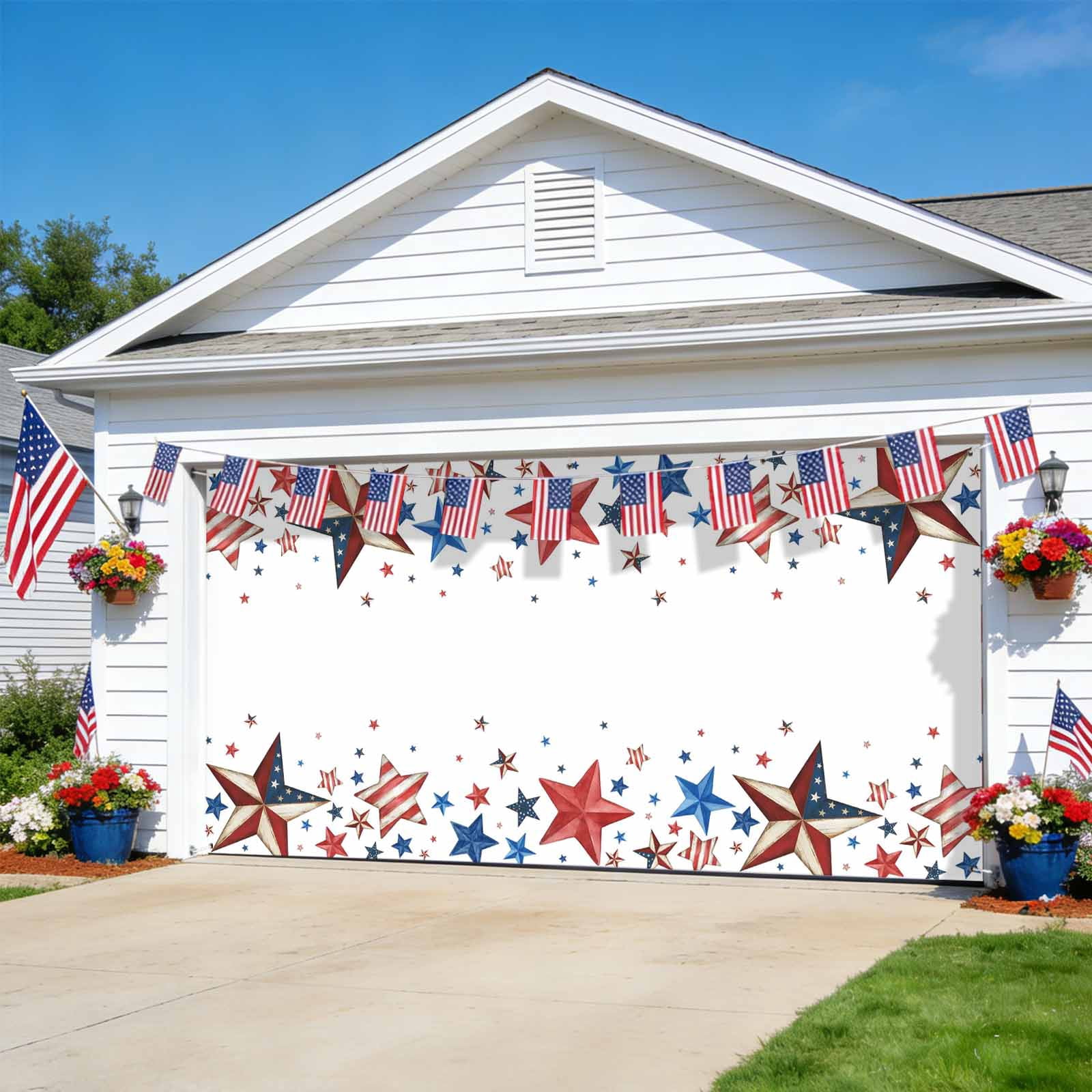 4th of July Garage Door Cover Banner 7 x 16 FT, Independence Day Star ...