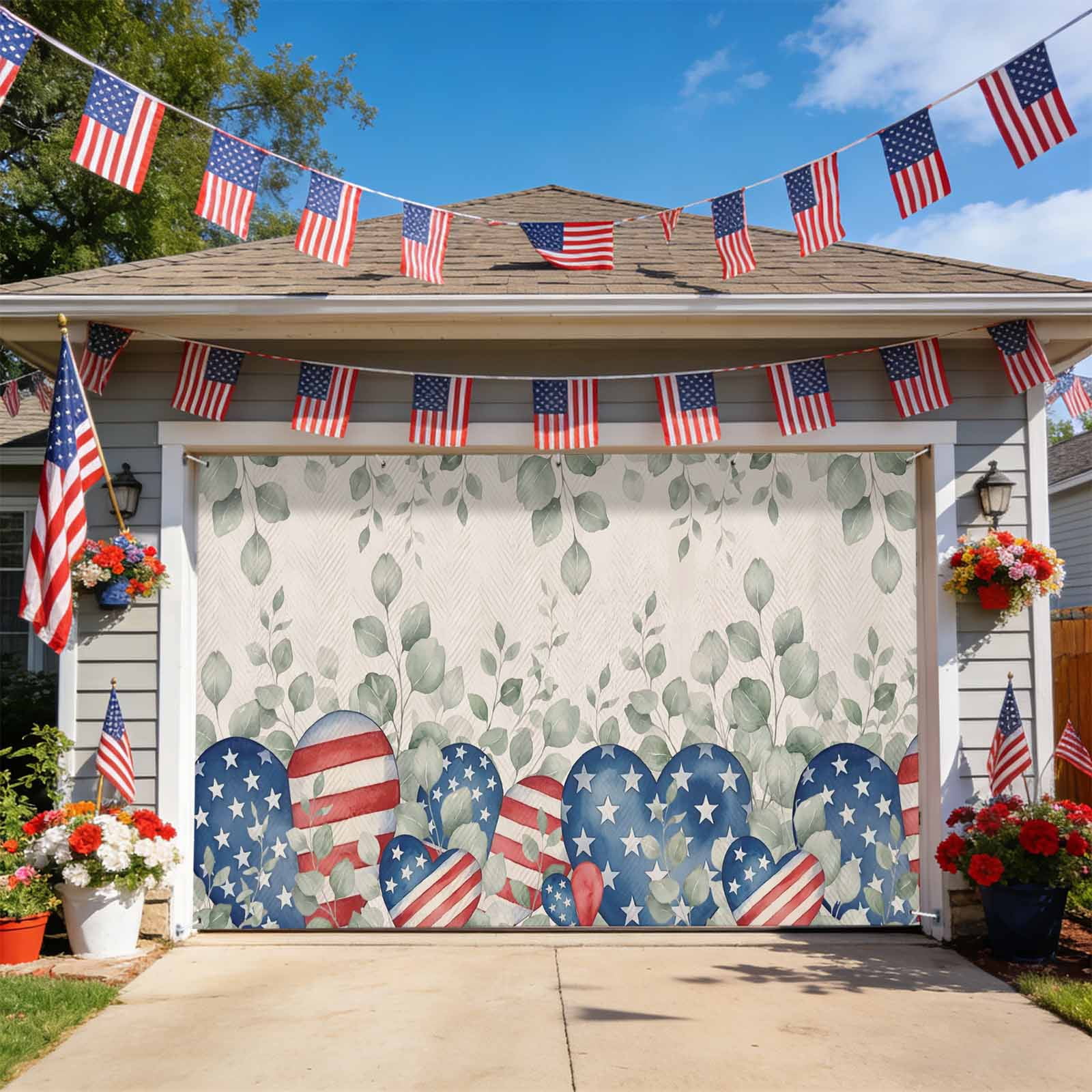 4th of July Garage Door Cover,Blue Red Love Heart Eucalyptus American ...