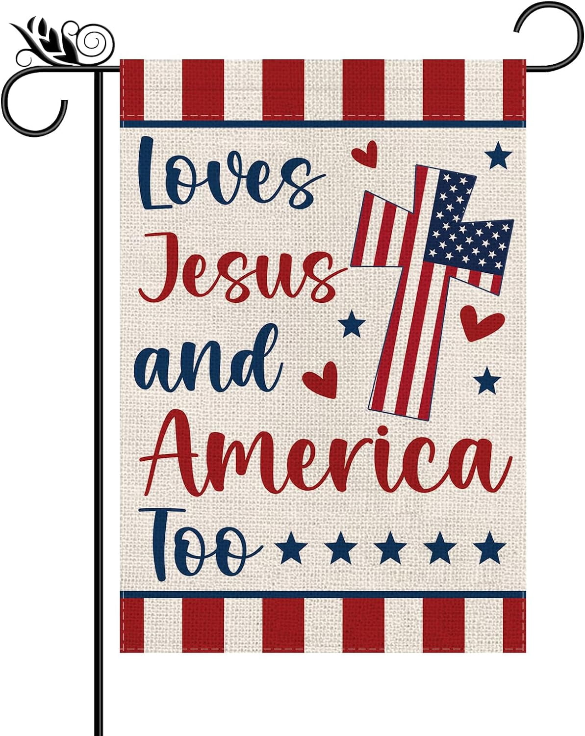 4th of July Garden Flag Loves Jesus and America Too Religious Cross ...