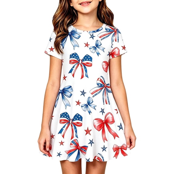 4th Of July Girls Summer Casual Dress Patriotic Short Sleeve With Round ...