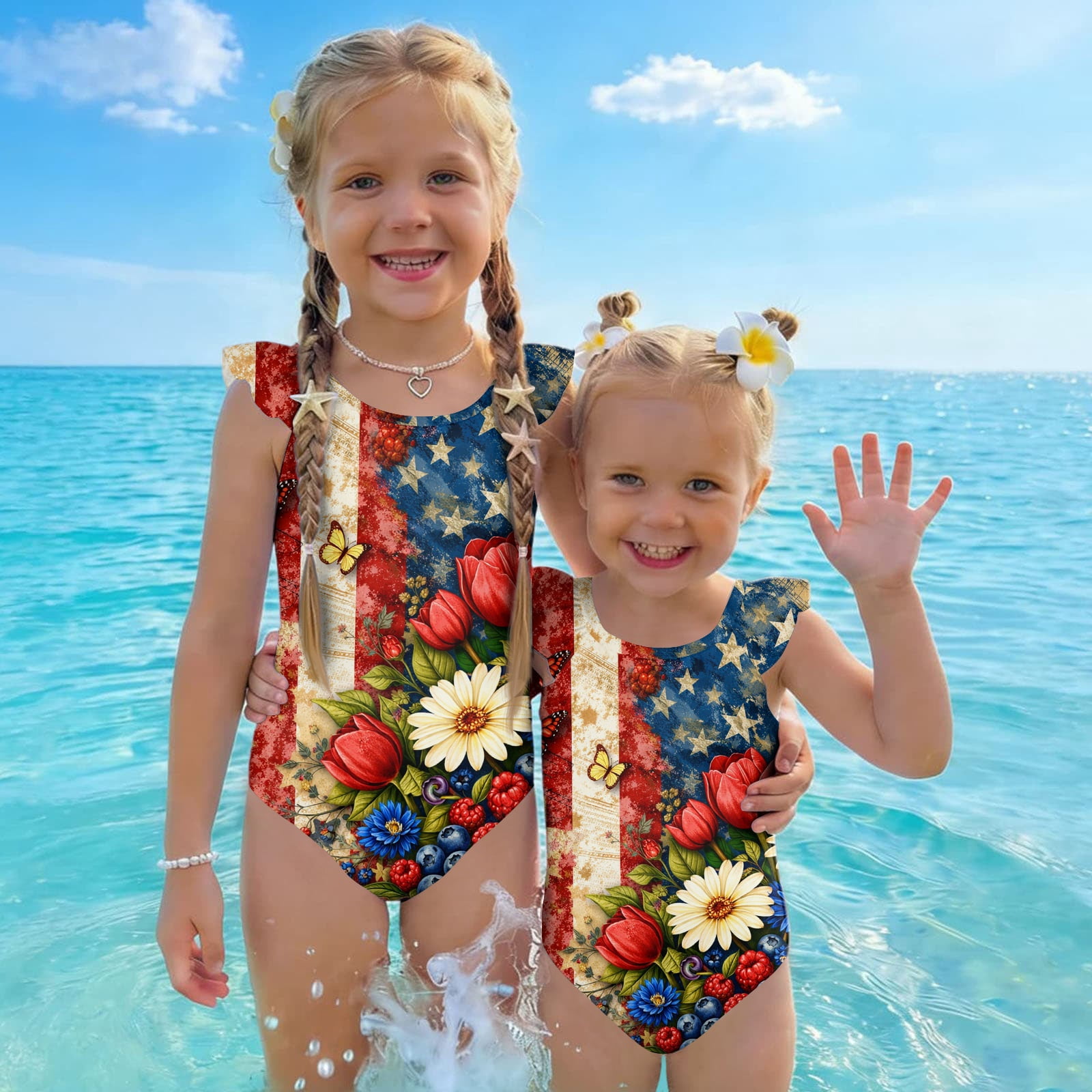 4th of July Girls Swimsuit Size 7-8 One Piece Swimsuit Summer Patriotic ...