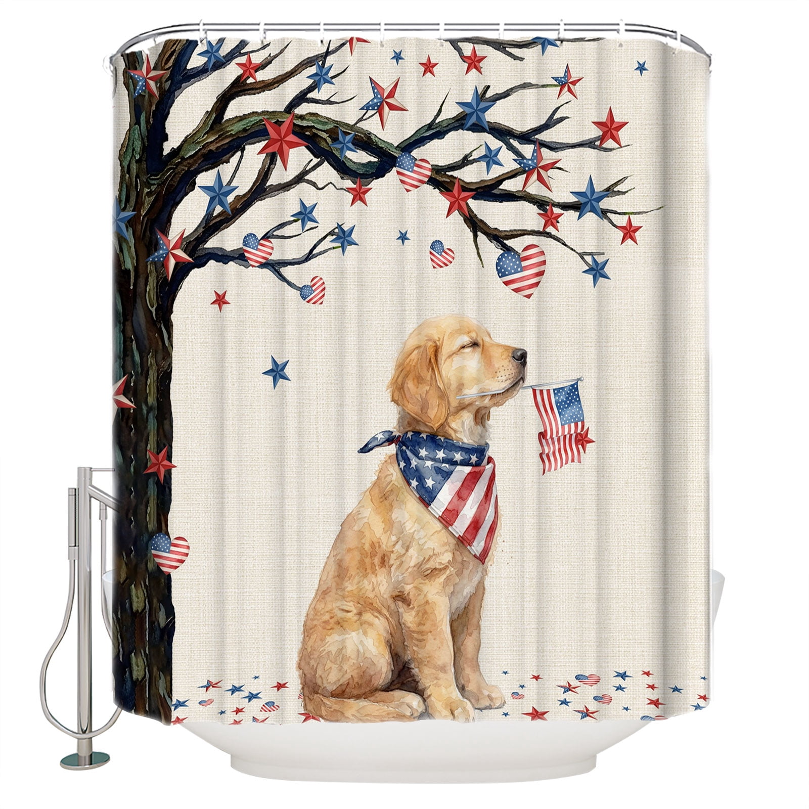 4th of July Golden Dog Bathroom Shower Curtains with 12 Hooks Polyester ...