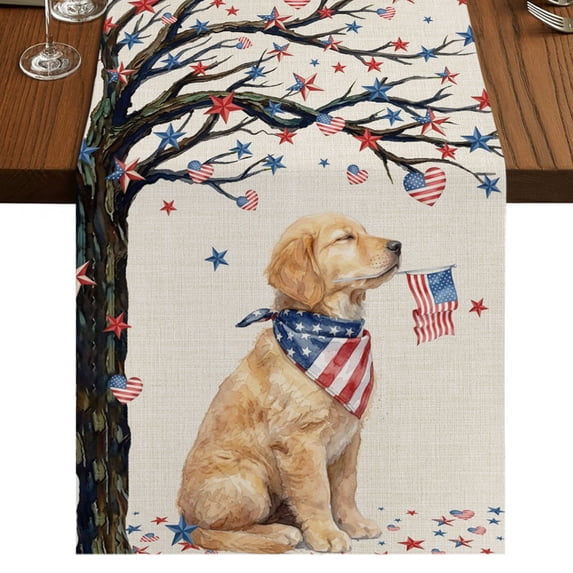 4th of July Golden Dog Burlap Cotton Table Runner 13x36 Inches Short ...