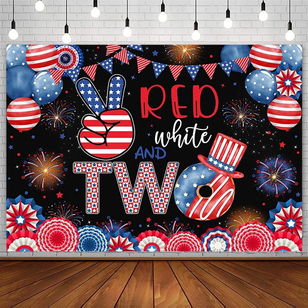 4th of July Happy 2nd Birthday Backdrop Red White and Two Independence ...