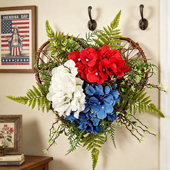 4th of July Heart-Shaped Hydrangea Wreath,Patriotic Wreath with Fern ...