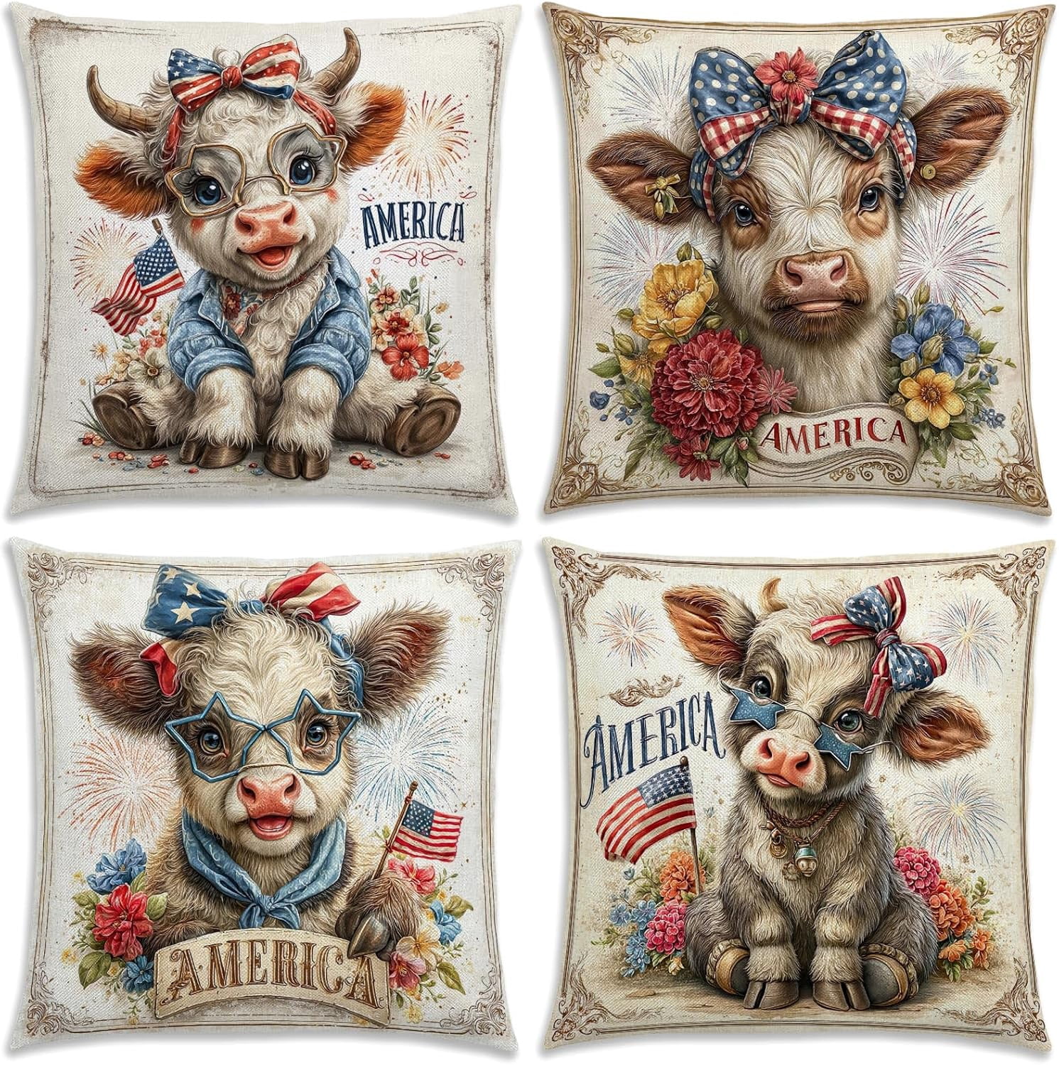 4th of July Highland Cow Throw Pillow Covers 18x18 Set of 4 American ...