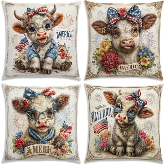 4th of July Highland Cow Throw Pillow Covers 18x18 Set of 4 American ...