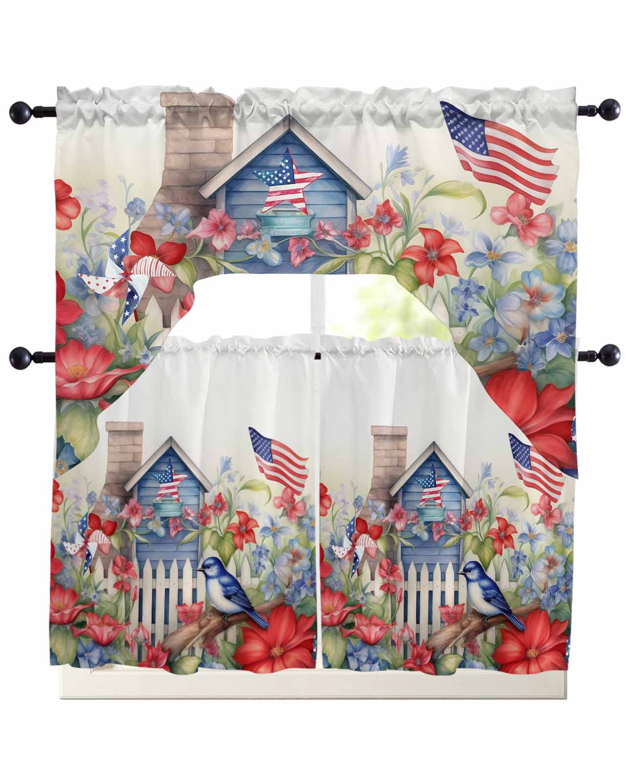4th of July Kitchen Curtain and Valance Set 3 Pieces,Rod Pocket Short ...