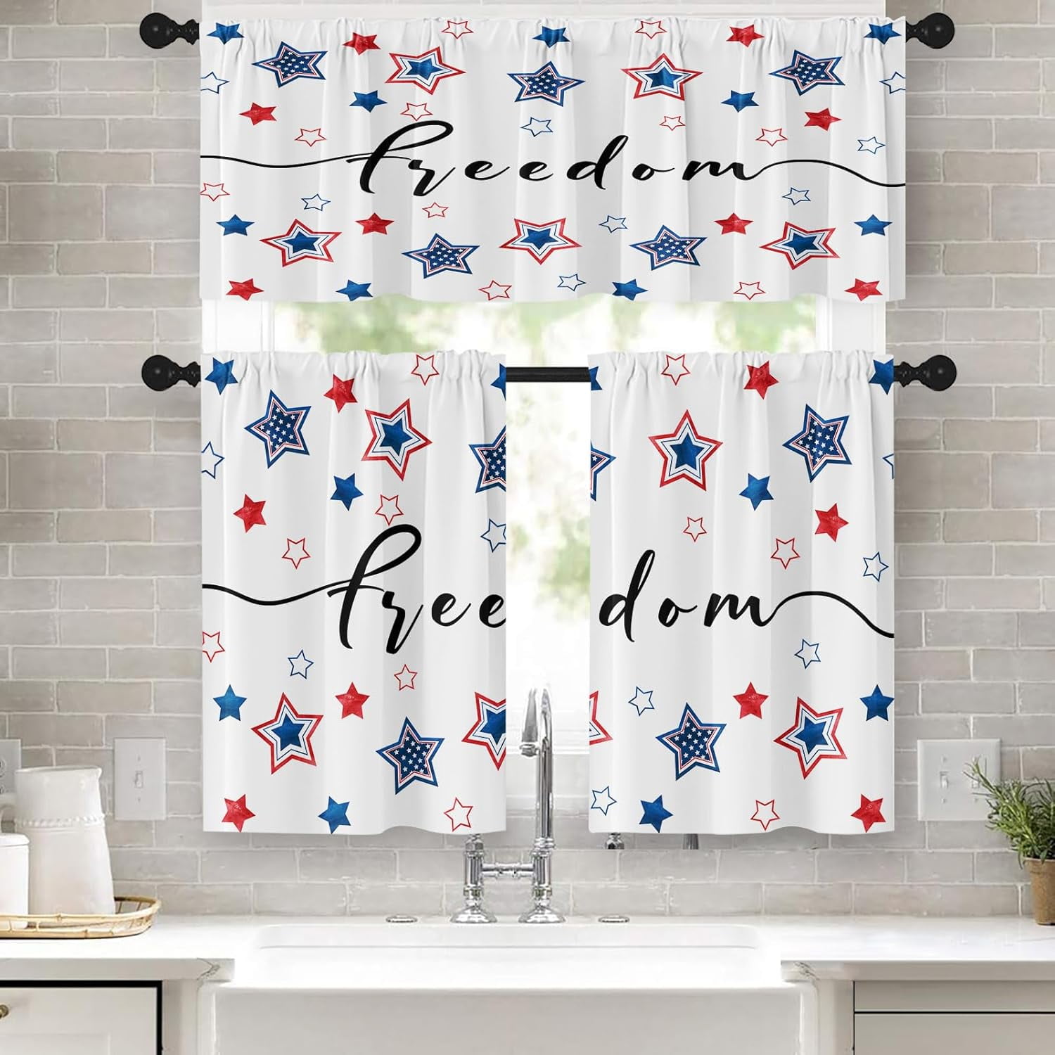 4th of July Kitchen Curtains Red Blue Stars Window Curtains Valance and ...