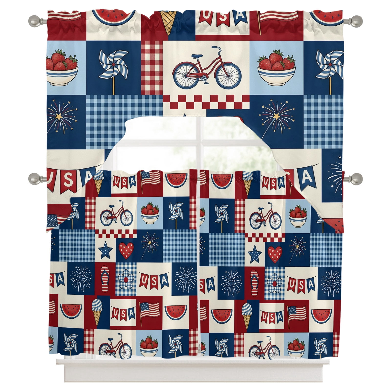 4th of July Kitchen Curtains Swag Valance and Tier Curtains Set 24 Inch ...