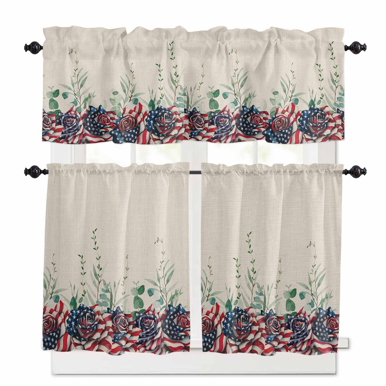 4th of July Kitchen Curtains Valances and Tiers USA Flag Rose Tier ...