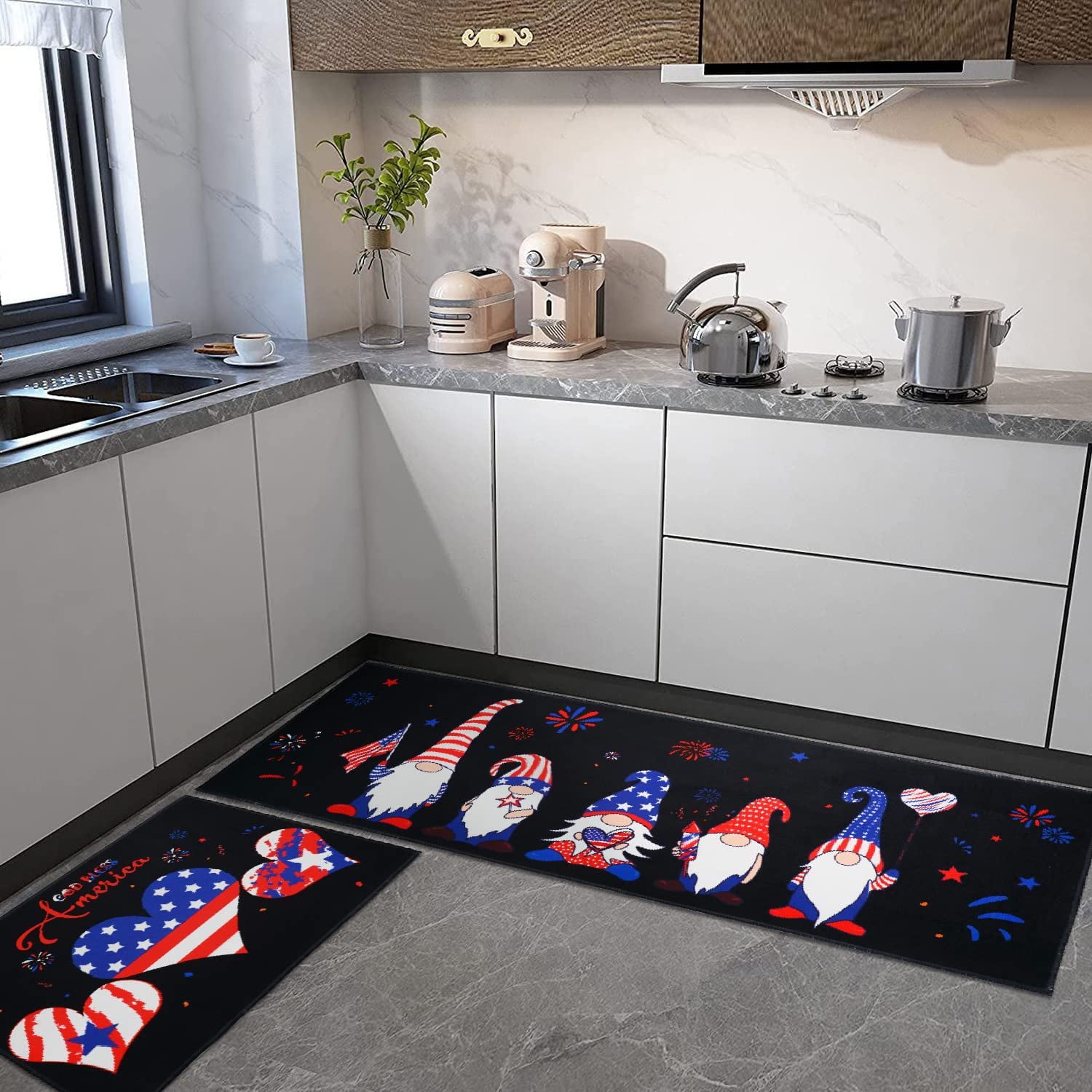 4th of July Kitchen Rugs Set 2 Piece,Patriotic Gnome Black Decorative ...
